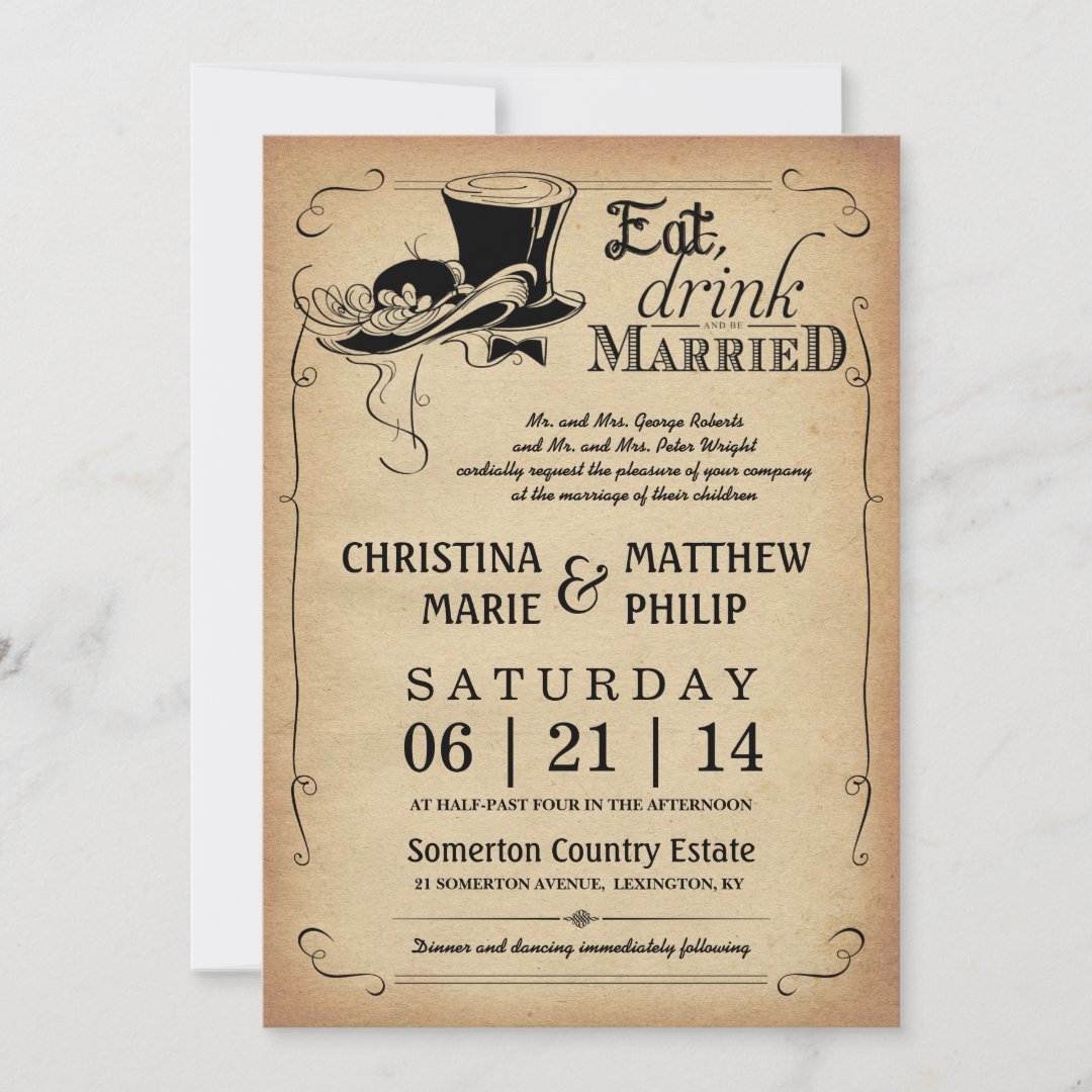 Vintage Top Hat Wedding Invitations | Zazzle