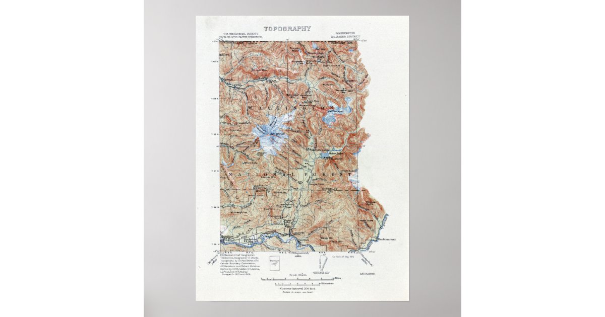 Vintage Topographical Map Mount Baker Poster | Zazzle