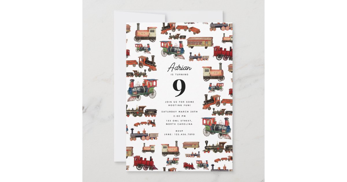 Vintage Toy Train Colorful Trains Birthday Party Invitation | Zazzle