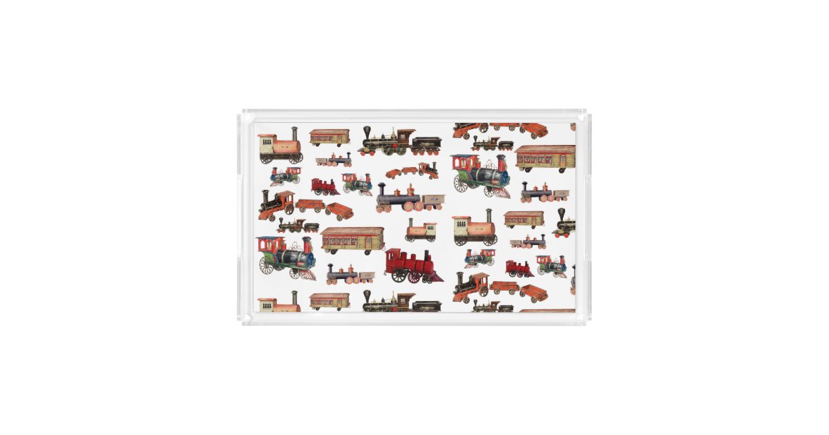 Vintage Toy Train Colorful Trains Pattern Acrylic Tray | Zazzle