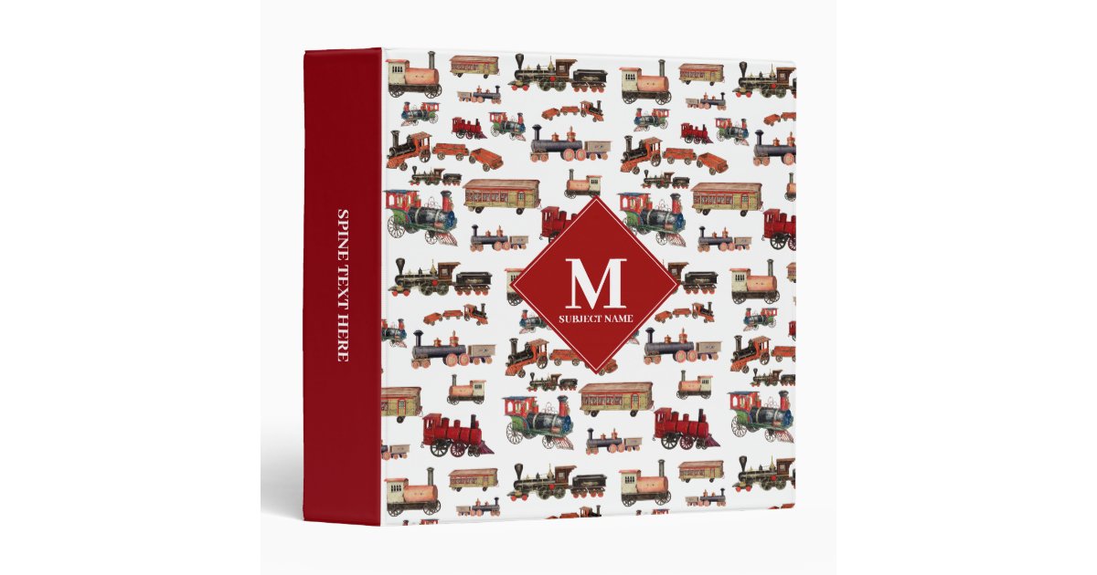 Vintage Toy Train Colorful Trains Pattern Monogram 3 Ring Binder | Zazzle