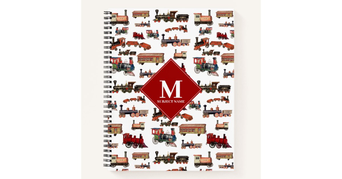 Vintage Toy Train Colorful Trains Pattern Monogram Notebook | Zazzle