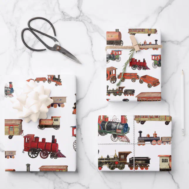 Vintage Toy Train Colorful Trains Pattern Wrapping Paper Sheets | Zazzle