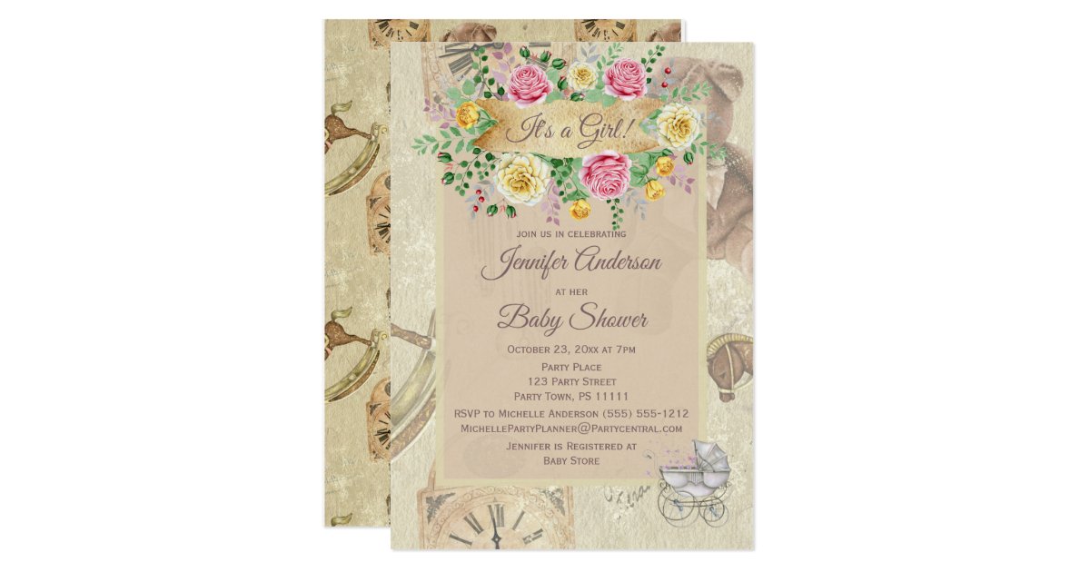 Vintage Toys Floral Baby Shower Invitation | Zazzle.com