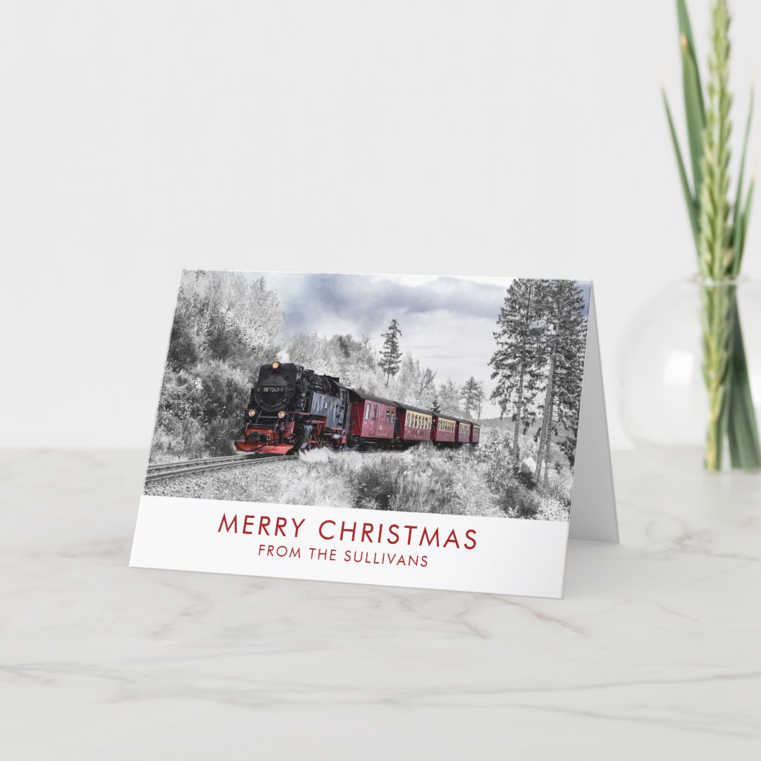 Vintage Train Winter Christmas Scene Card | Zazzle