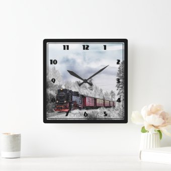 Vintage Train Winter Christmas Scene Square Wall Clock | Zazzle