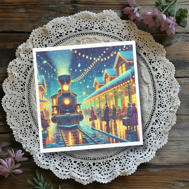 Vintage Trains on a Snowy Night Napkins | Zazzle