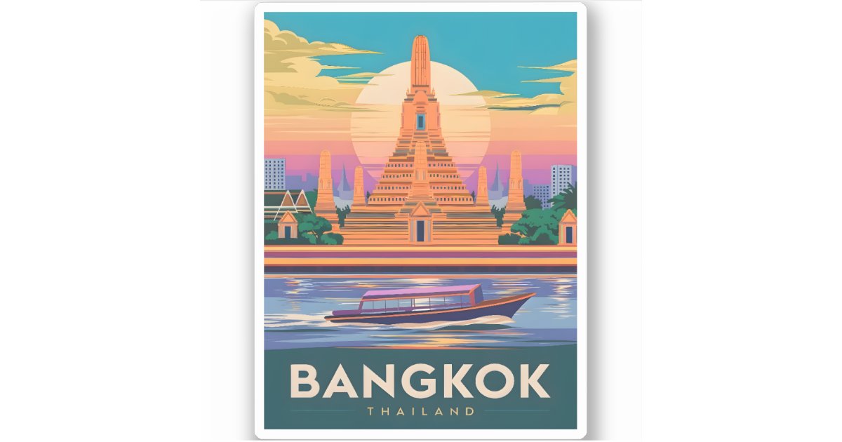Vintage Travel Bangkok Thailand Sunset Temple Sticker | Zazzle
