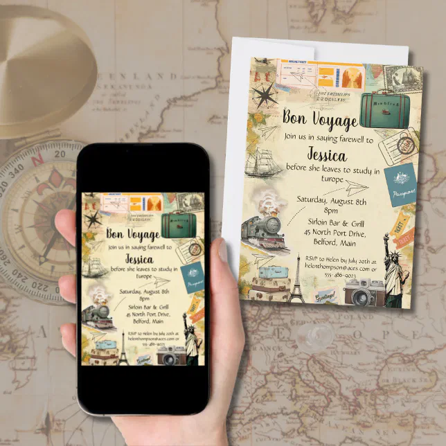 Vintage Travel Collage Bon Voyage Party Invitation | Zazzle