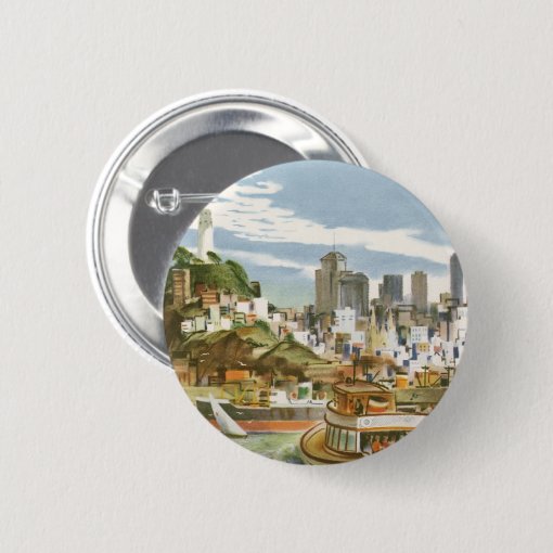 Vintage Travel Poster San Francisco Bay Ferry Boat Pinback Button | Zazzle