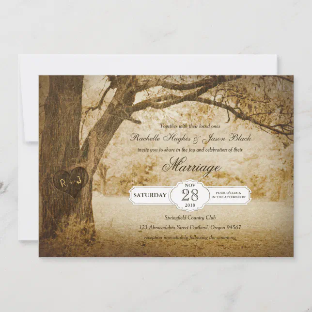Vintage Tree Carving Wedding Invitation | Zazzle