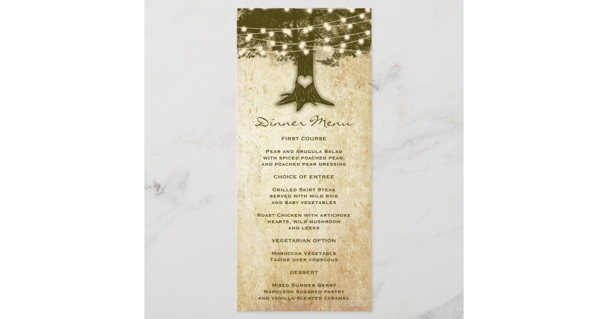 Vintage Tree Rustic String Lights Slim Dinner Menu | Zazzle