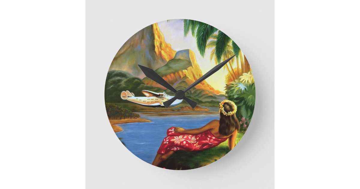 Vintage Tropical Hawaiian Sea Plane Palm Tree Round Clock | Zazzle