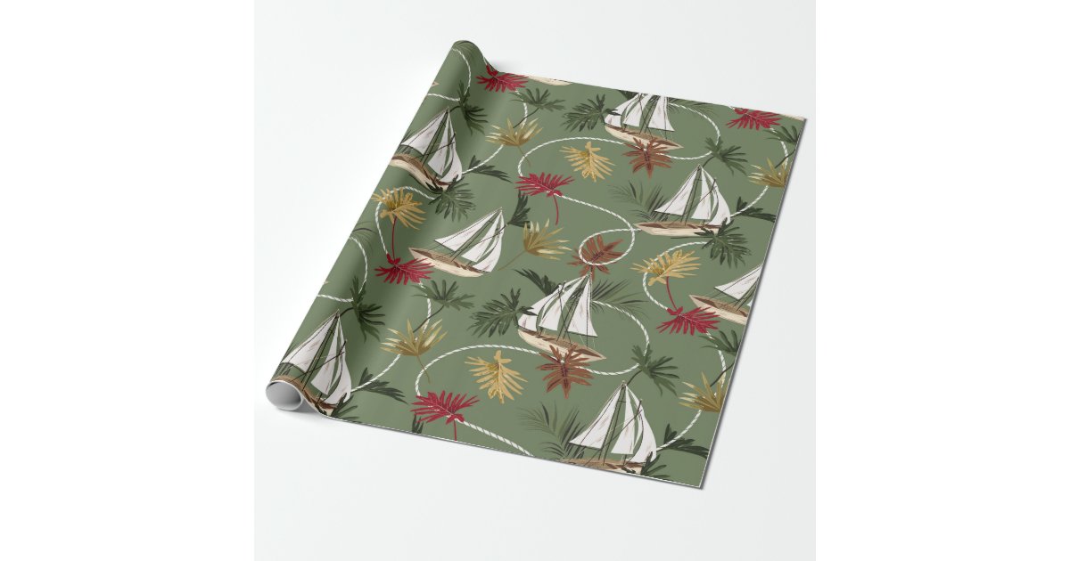 Vintage tropical leaves, boat, and sailor rope sea wrapping paper | Zazzle