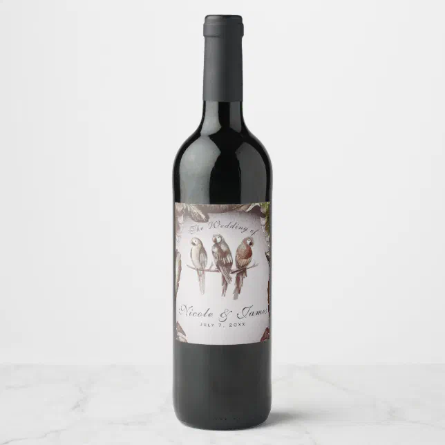 Vintage Tropical Tiki Birds Parrots Wedding Wine Label | Zazzle