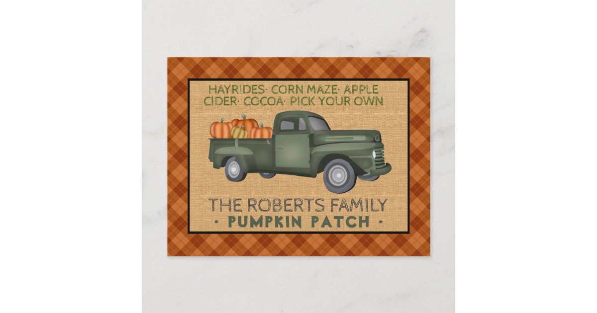 Vintage Truck Pumpkin Patch Farm Rustic Fall Plaid Holiday Postcard ...