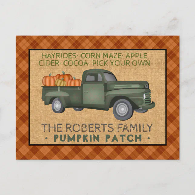Vintage Truck Pumpkin Patch Farm Rustic Fall Plaid Holiday Postcard ...