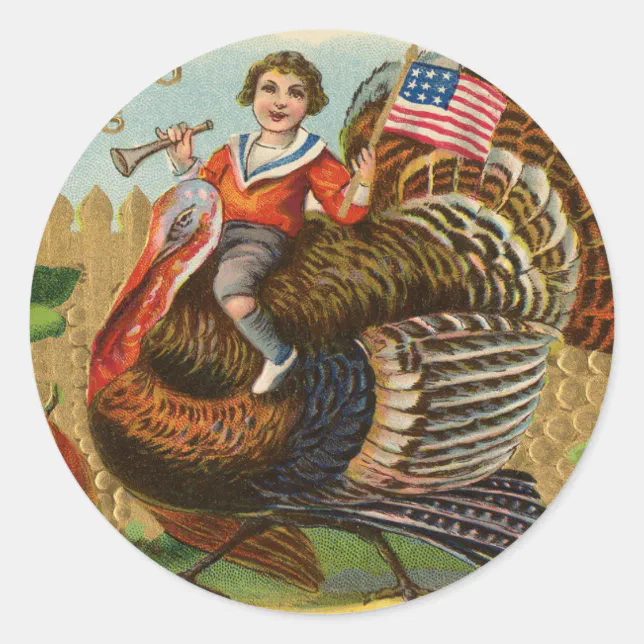 Vintage Turkey Thanksgiving Greetings Classic Round Sticker | Zazzle