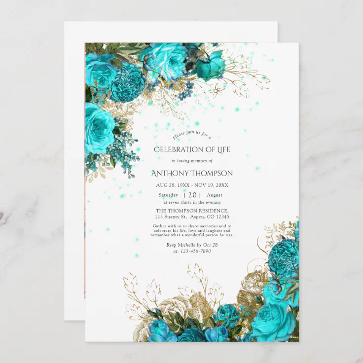 Vintage Turquoise and Gold Celebration of Life Invitation | Zazzle