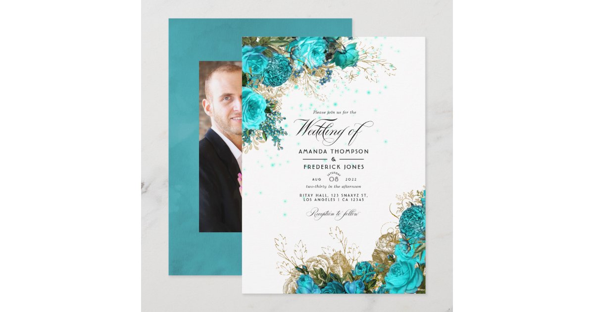 Vintage Turquoise and Gold Shabby Wedding Photo Invitation | Zazzle