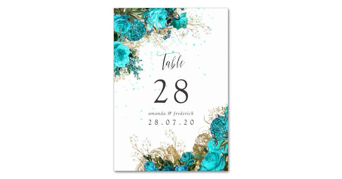 Vintage Turquoise and Gold Shabby Wedding Table Number | Zazzle