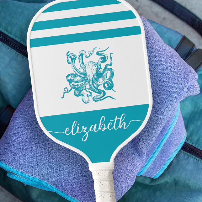 Vintage turquoise blue coastal beach octopus name pickleball paddle ...