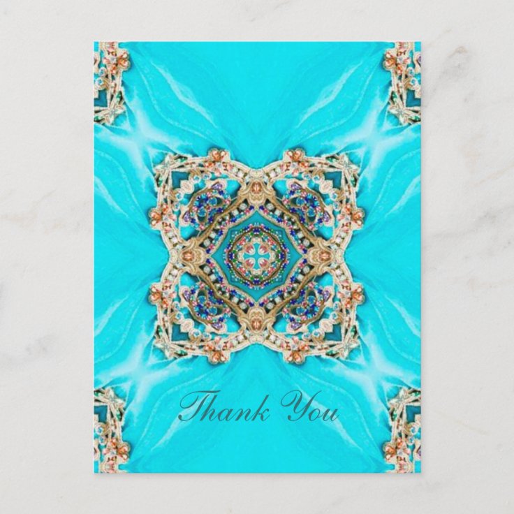 vintage turquoise pattern bohemian thank you postcard | Zazzle