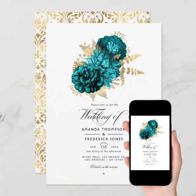 Vintage Turquoise - Teal and Gold Floral Wedding Invitation | Zazzle
