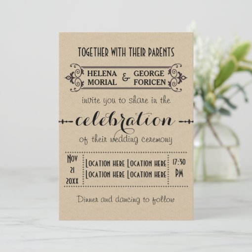 Vintage typography beige craft paper wedding invitation | Zazzle