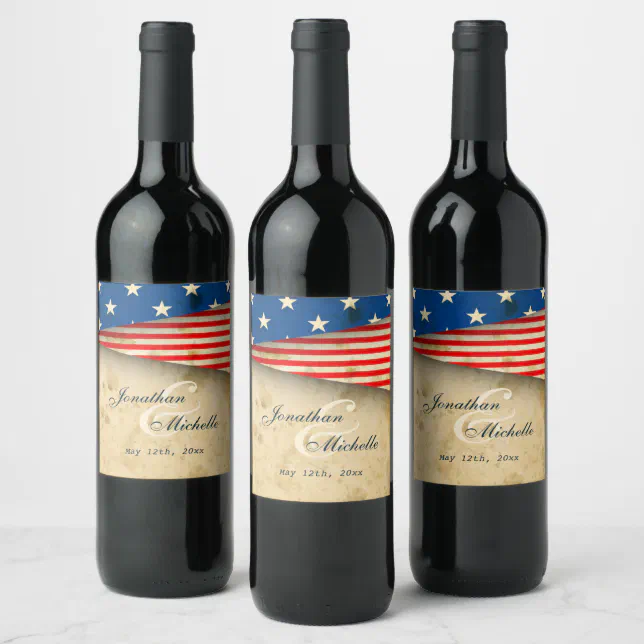 Vintage US American Flag Patriotic Wedding Wine Label | Zazzle
