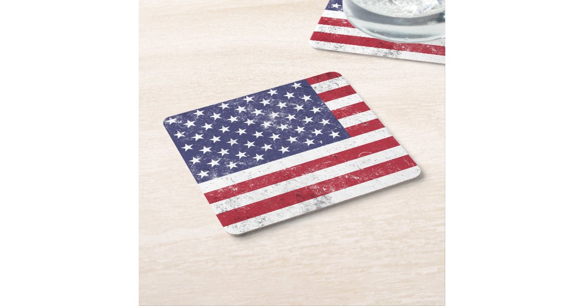 Vintage USA Flag Patriotic American Red White Blue Square Paper Coaster ...