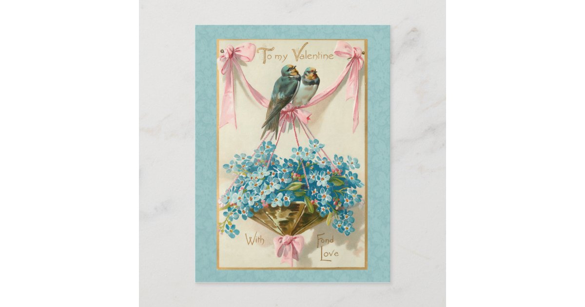 Vintage Valentine Birds and Forget Me Nots Holiday Postcard | Zazzle