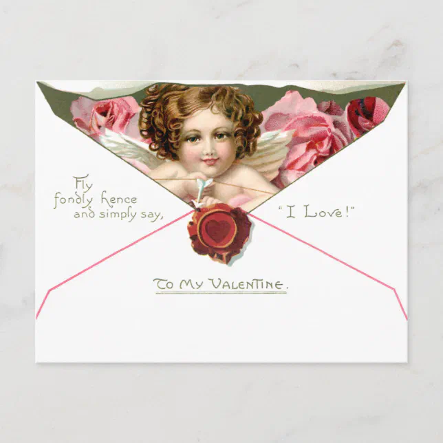 Vintage Valentine Cupid with Pink Roses Postcard | Zazzle