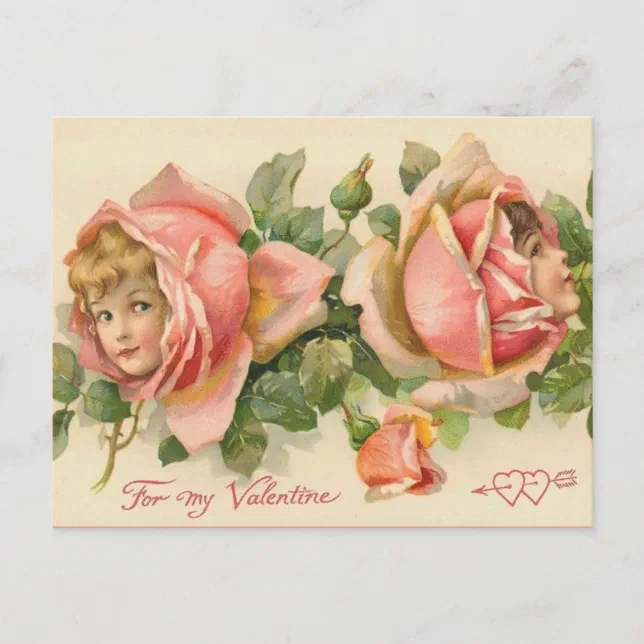 Vintage Valentine Pink Rose Faeries Postcard | Zazzle