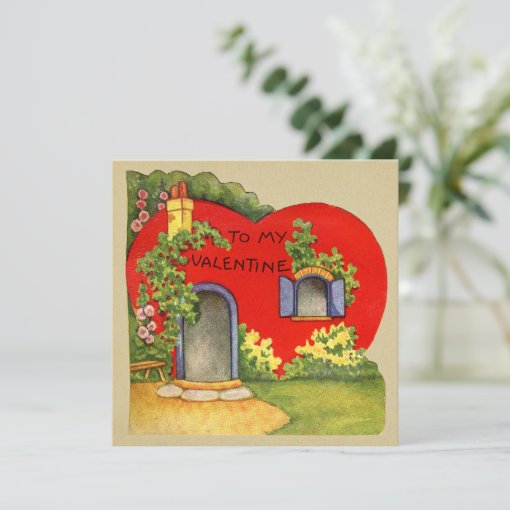 Vintage Valentine Red Heart House Holiday Card | Zazzle