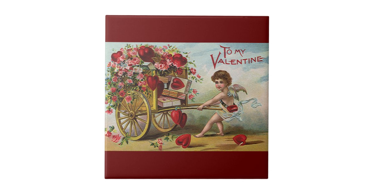 Vintage Valentines Day Angel, Cart of Love Hearts Ceramic Tile | Zazzle
