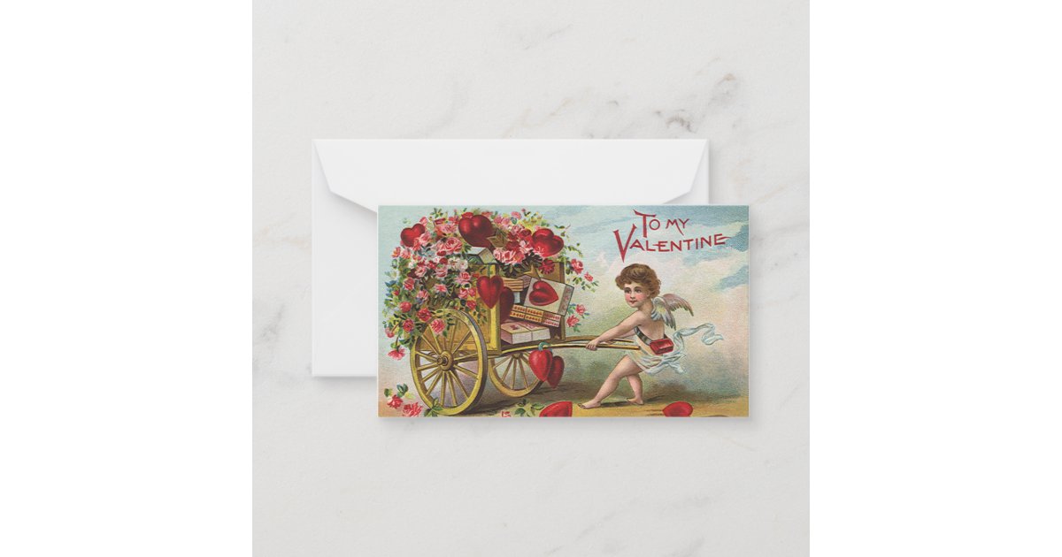 Vintage Valentines Day Angel, Cart of Love Hearts Note Card | Zazzle