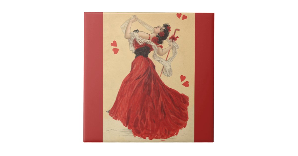 Vintage Valentine's Day, Dancing Lady Red Hearts Ceramic Tile | Zazzle