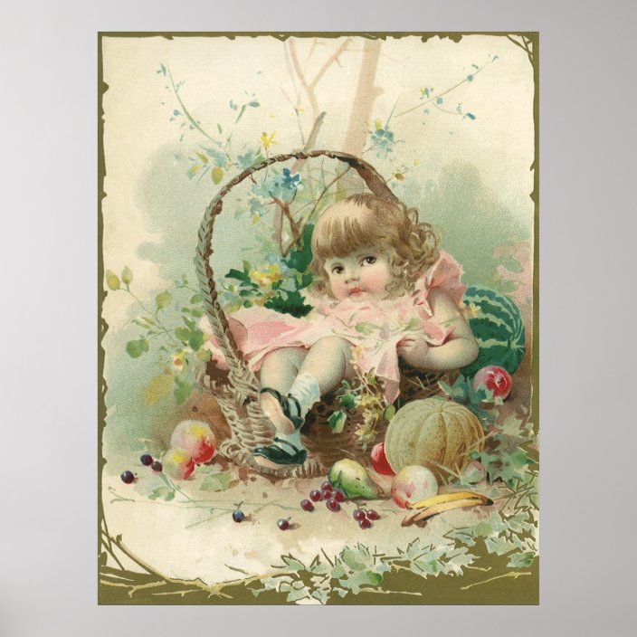 Vintage Victorian Child, Girl Spring Fruit Basket Poster | Zazzle.com