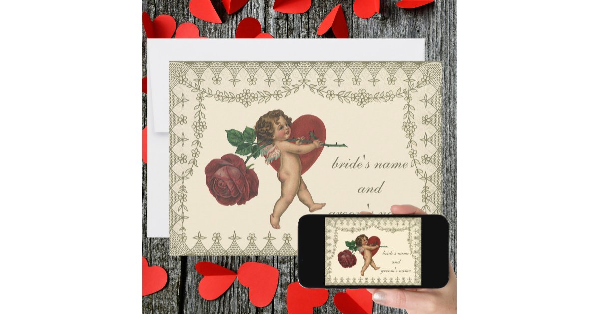 Vintage Victorian Cupid Heart Wedding Invitation | Zazzle