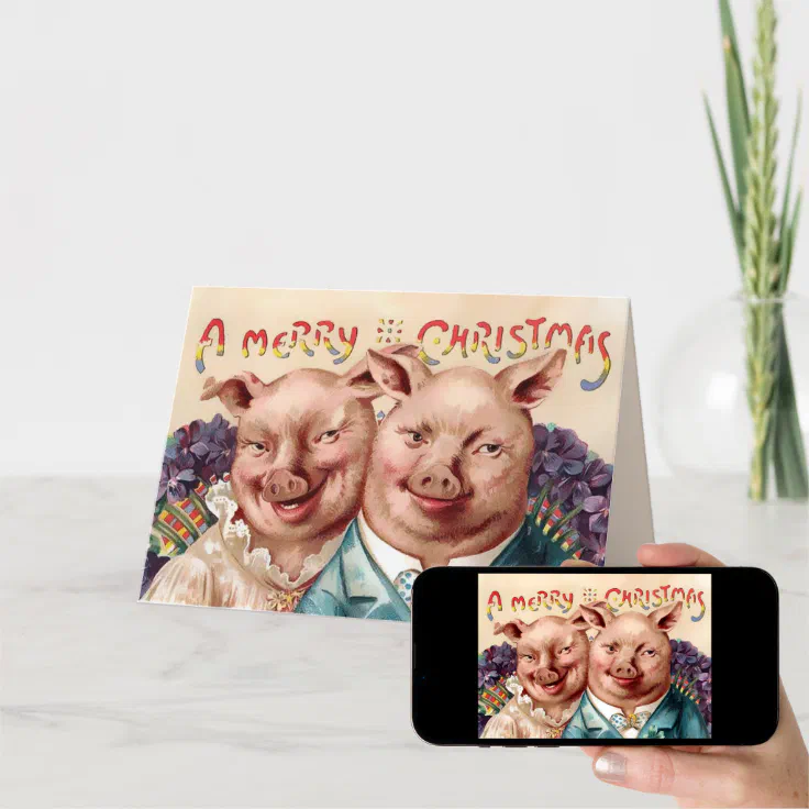 Vintage Victorian Pigs Christmas Card | Zazzle