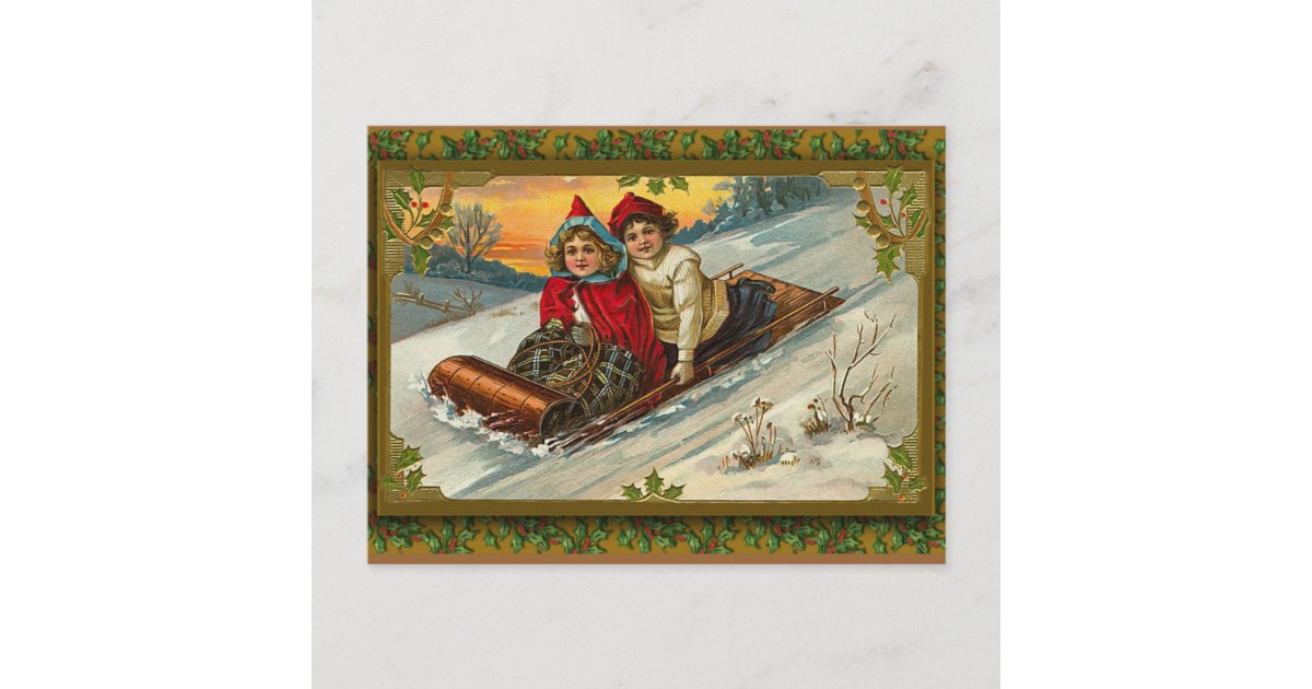 Vintage Victorian Sledding Illustration on Cards | Zazzle