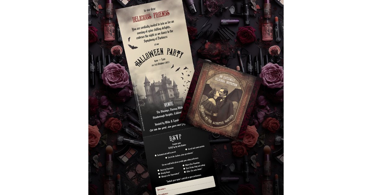 Vintage Victorian Vampire Kissing Adult Halloween Tri-Fold Invitation ...