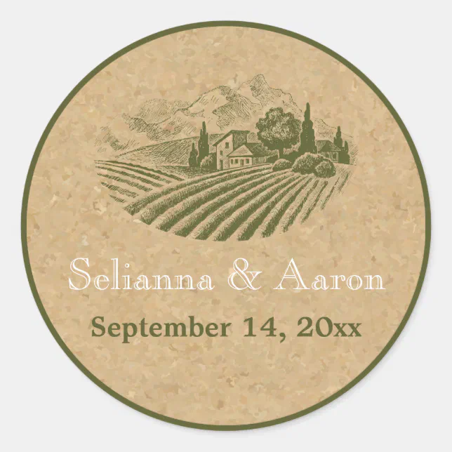 Vintage vineyard and cork wedding Save the Date Classic Round Sticker ...