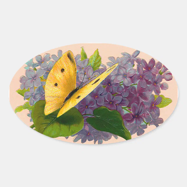 Vintage Violets and Butterfly Oval Sticker | Zazzle