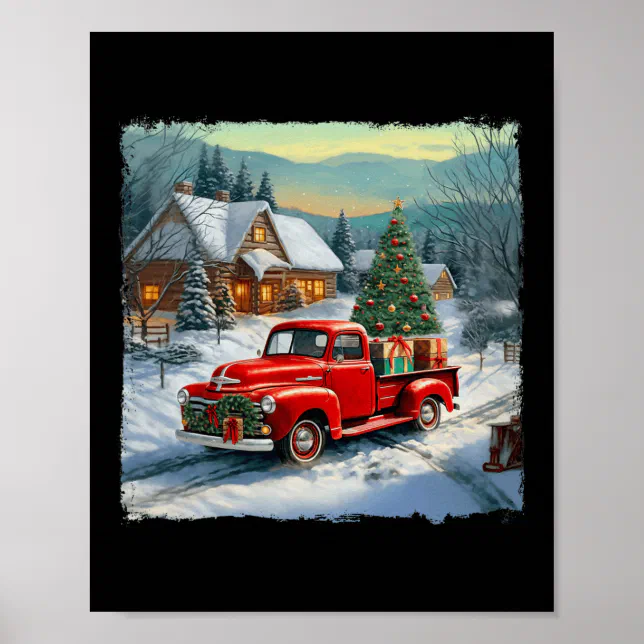 Vintage Wagon Red Truck Merry Christmas Tree Snow Poster | Zazzle