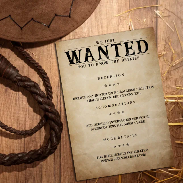 Vintage Wanted Poster Wedding Details Enclosure Card | Zazzle