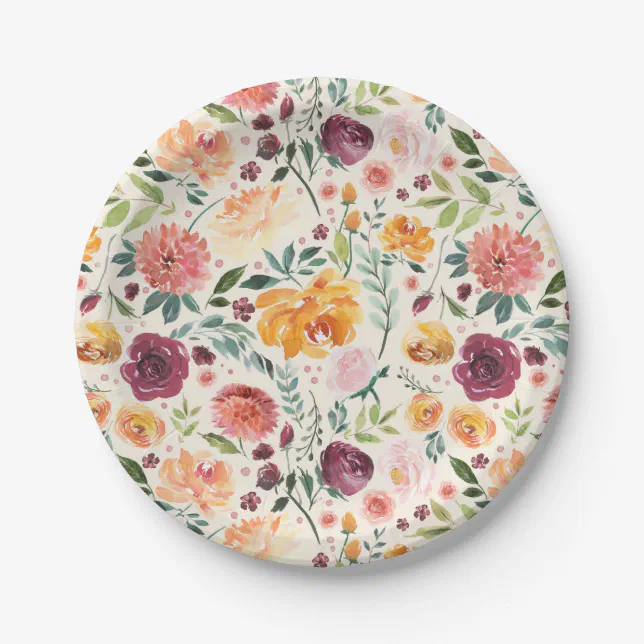 Vintage Watercolor Autumn Blooms Pattern Paper Plates | Zazzle