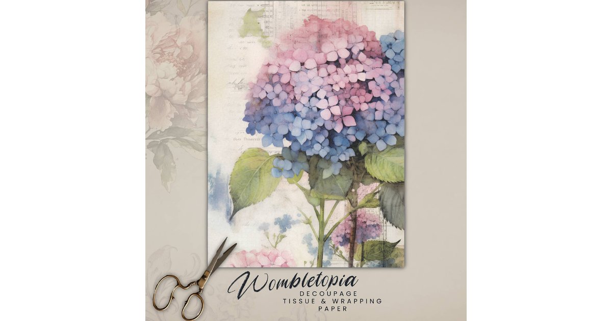 Vintage Watercolor Blue Pink Hydrangea Decoupage Tissue Paper | Zazzle
