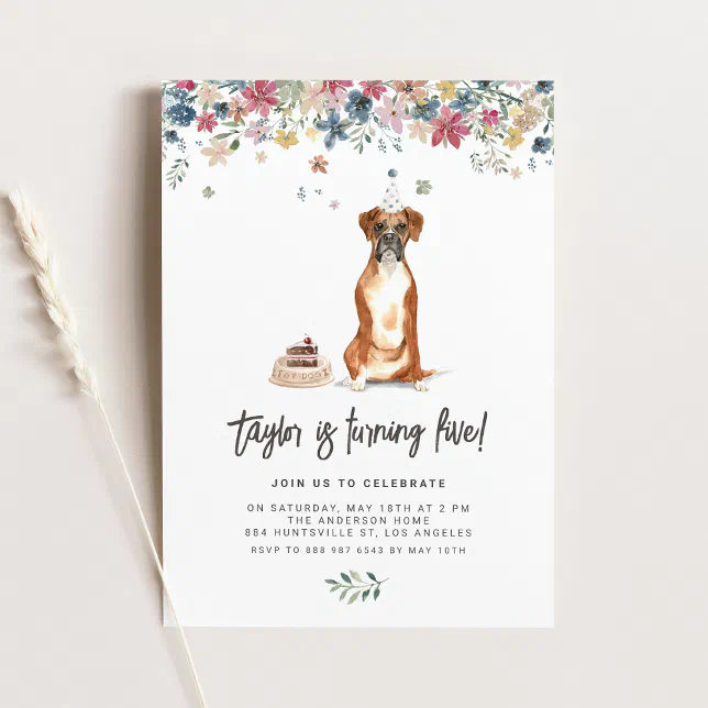 Vintage Watercolor Boxer Dog Birthday Party Invitation | Zazzle